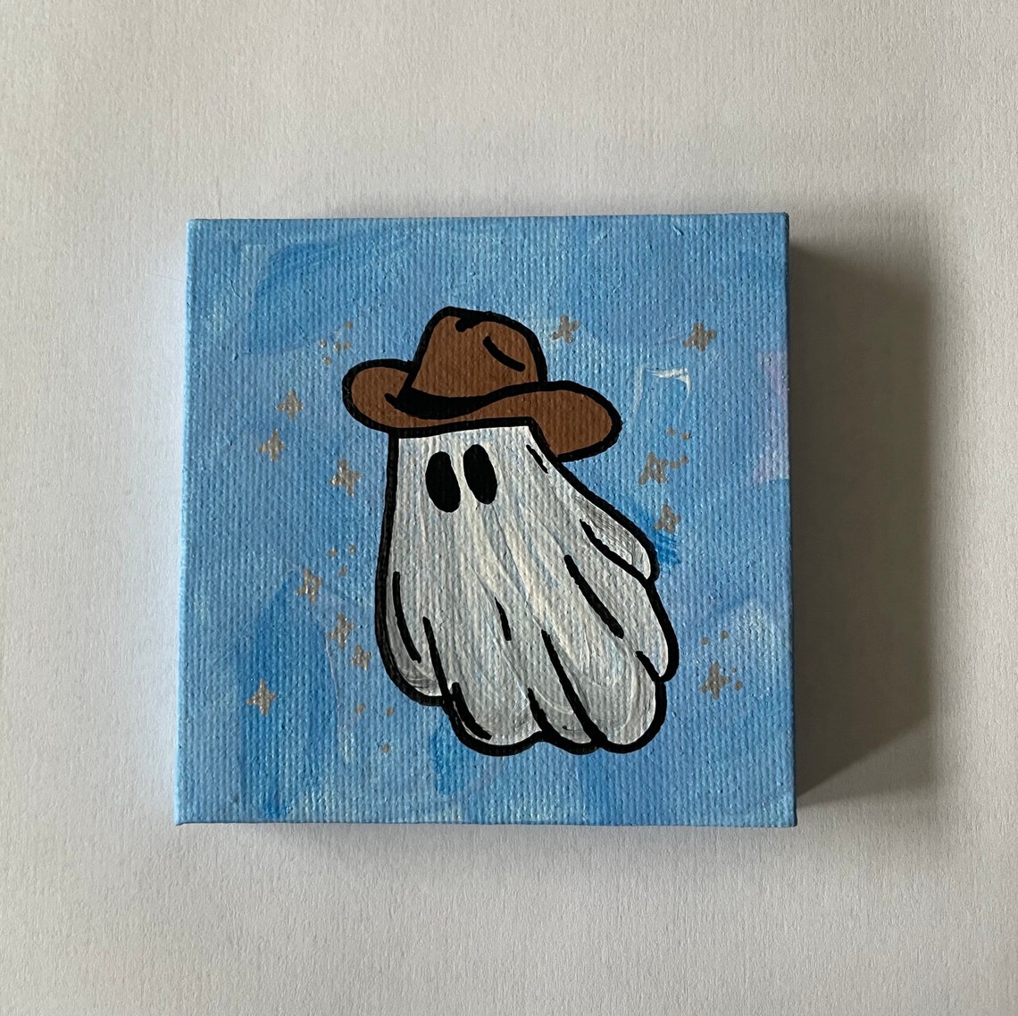 3”x3” Blue Hand Painted Sparkle Halloween Ghost With Cowboy Hat Canvas ...