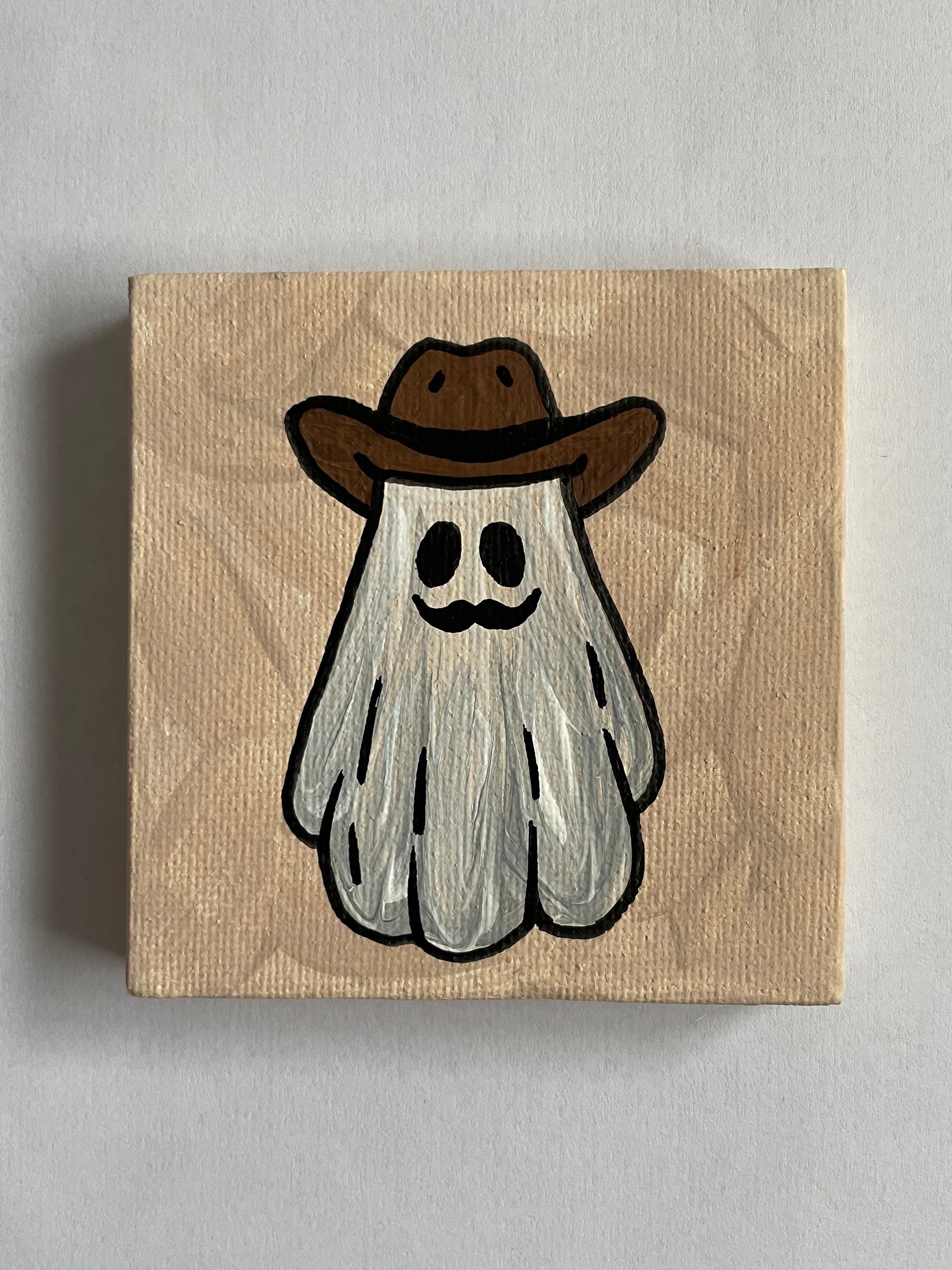 3”x3” Hand Painted Halloween Ghost With Cowboy Hat and Mustache Canvas ...