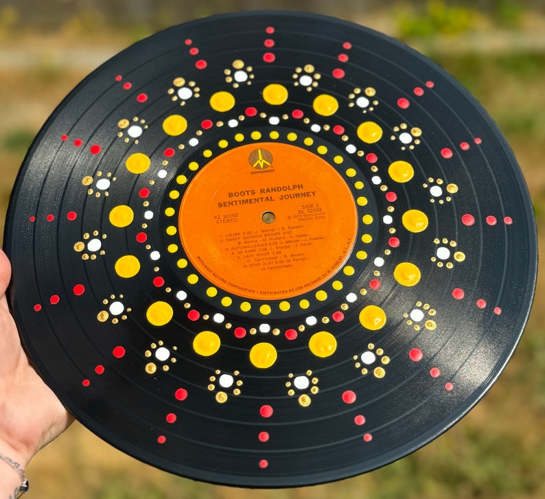 Painted Mandala Record / Red, Orange, Yellow and Gold Home Decor Gift ...