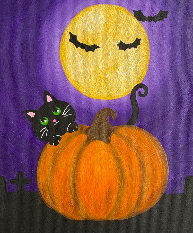 Painted Halloween Black Cat and Pumpkin 8x10 Canvas | Halloween Decor ...