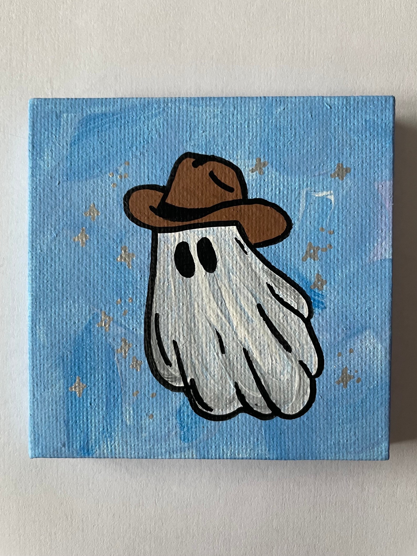 3”x3” Blue Hand Painted Sparkle Halloween Ghost With Cowboy Hat Canvas ...