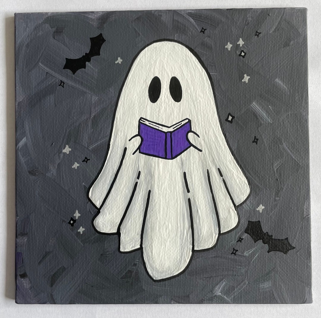 6”x6” Hand Painted Halloween Ghost With Book Canvas Painting | Book ...