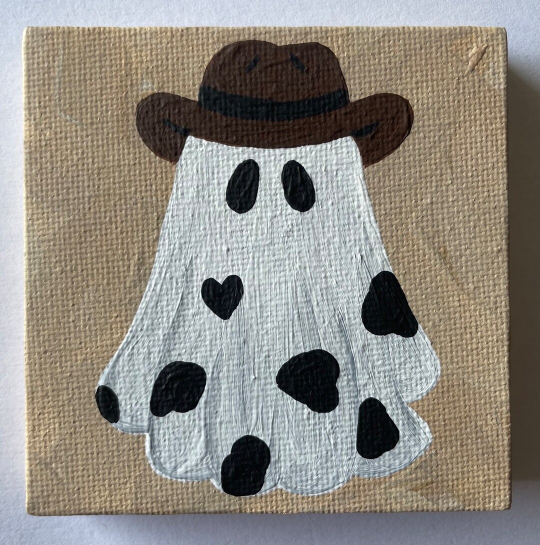 3x3 Hand Painted Halloween Cow Print Ghost With Cowboy Hat Canvas ...