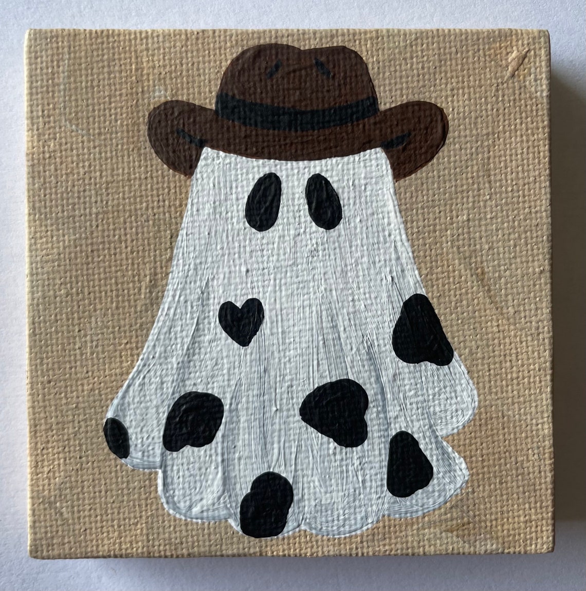 3x3 Hand Painted Halloween Cow Print Ghost With Cowboy Hat Canvas ...