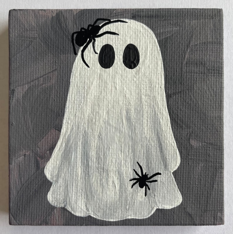 3”x3” Hand Painted Halloween Ghost With Spiders Canvas Painting - Etsy