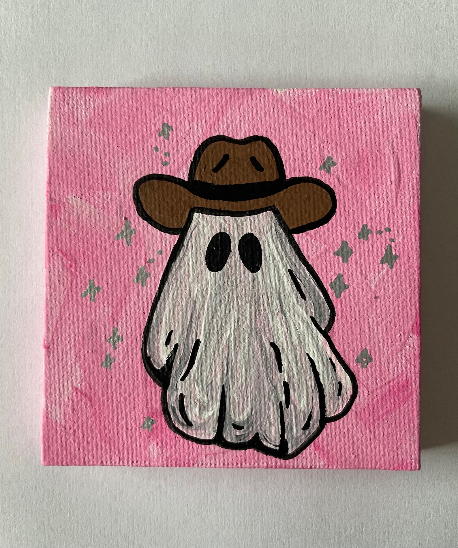 3”x3” Pink Hand Painted Sparkle Halloween Ghost With Cowboy Hat Canvas ...