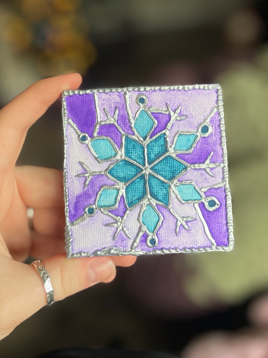 3”x3” Hand Painted Stained Glass Silver and Blue and Purple Snowflake ...