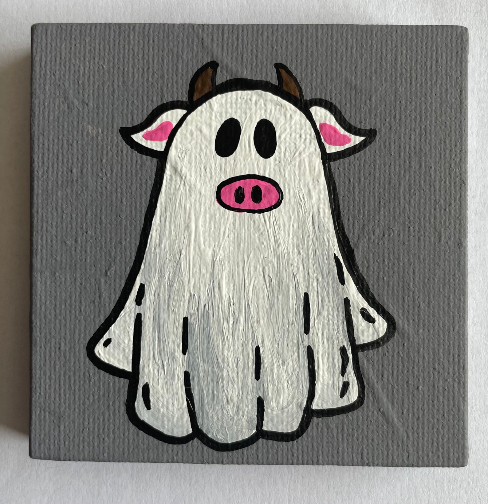 3”x3” Hand Painted Halloween Cow Ghost Canvas Painting | Country Ghost ...