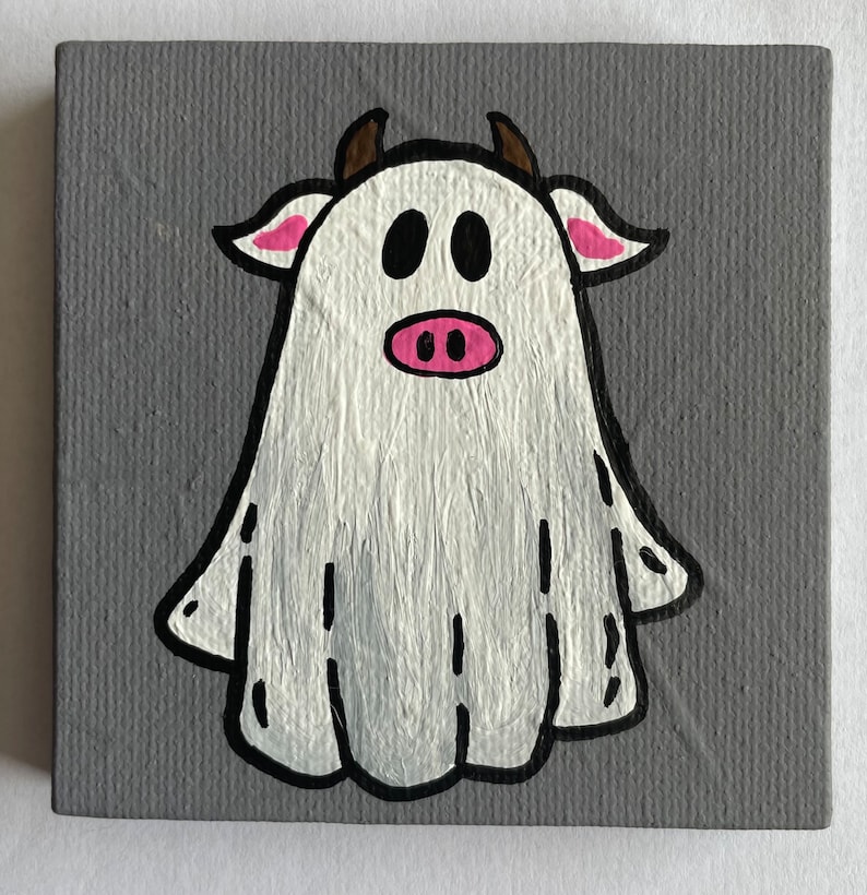3”x3” Hand Painted Halloween Cow Ghost Canvas Painting | Country Ghost ...