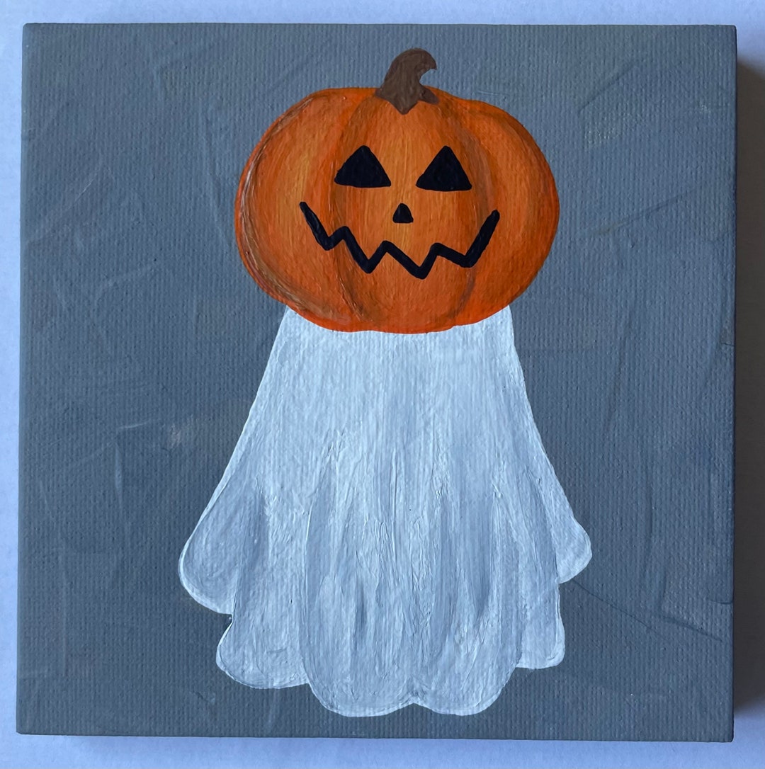 5”x5” Hand Painted Halloween Ghost With Pumpkin Head Canvas Painting - Etsy