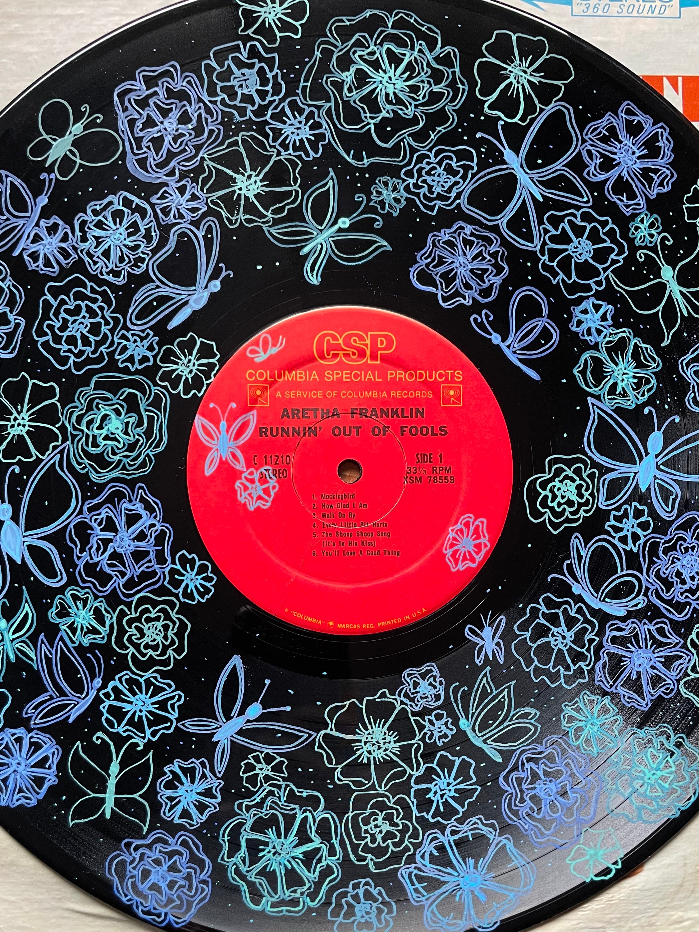 Painted Blue Floral & Butterfly Vinyl Record | Home Decor | Gift for ...