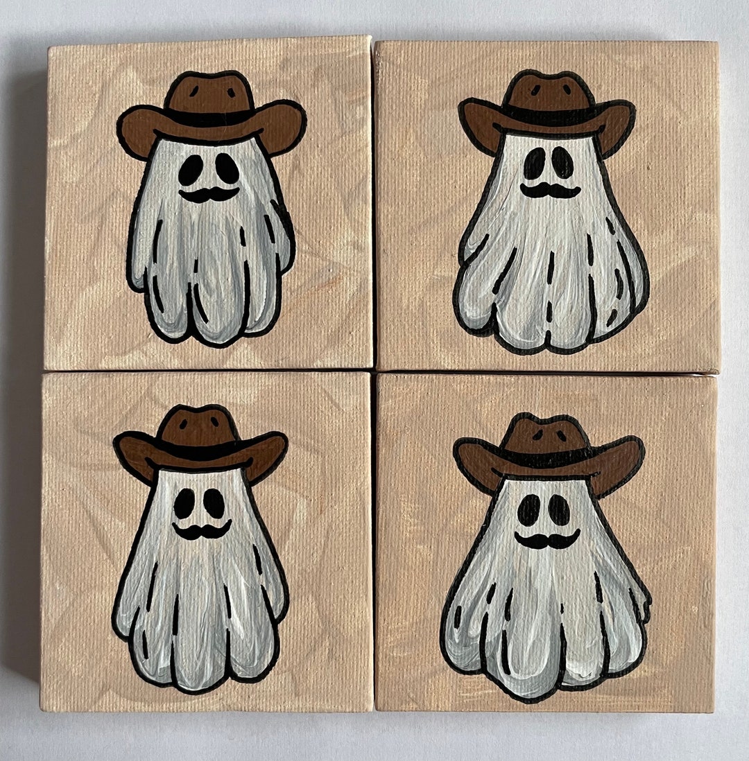 3”x3” Hand Painted Halloween Ghost With Cowboy Hat and Mustache Canvas ...
