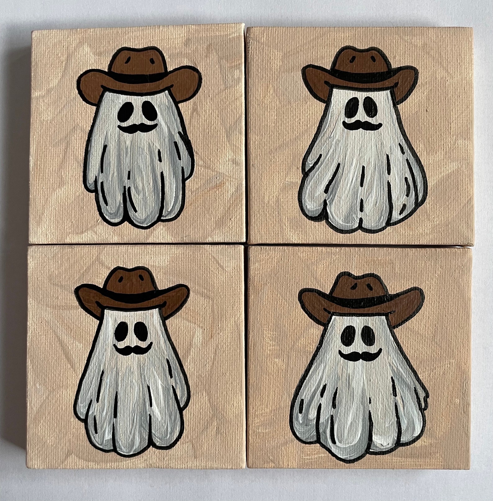 3”x3” Hand Painted Halloween Ghost With Cowboy Hat and Mustache Canvas ...