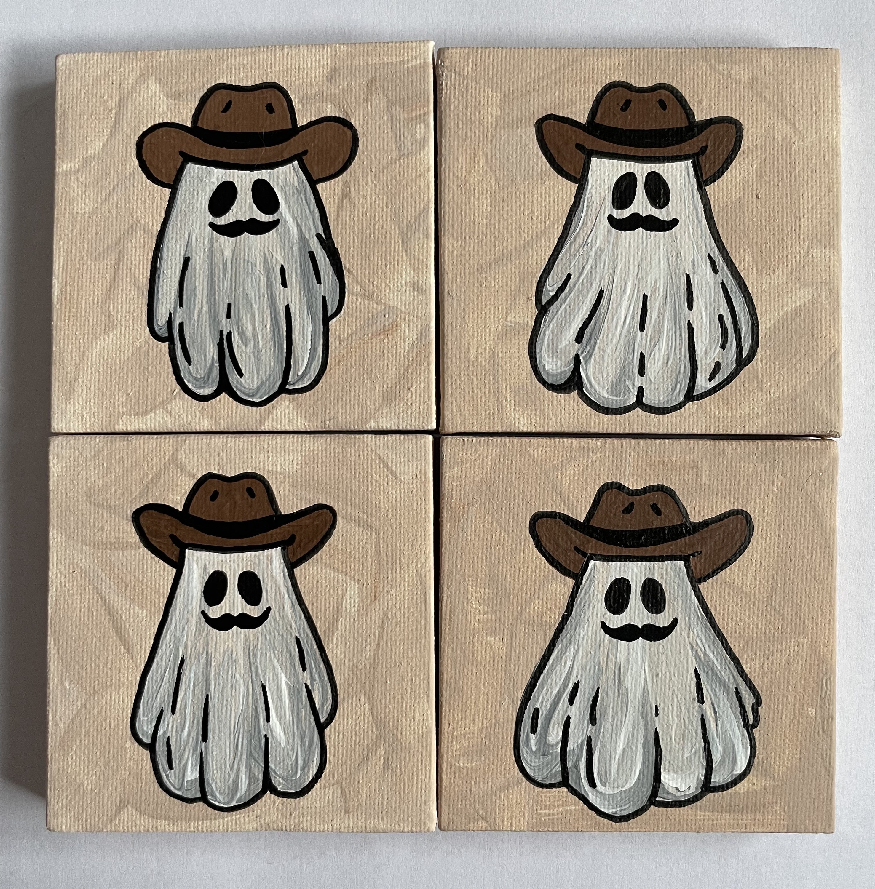 3”x3” Hand Painted Halloween Ghost With Cowboy Hat and Mustache Canvas ...