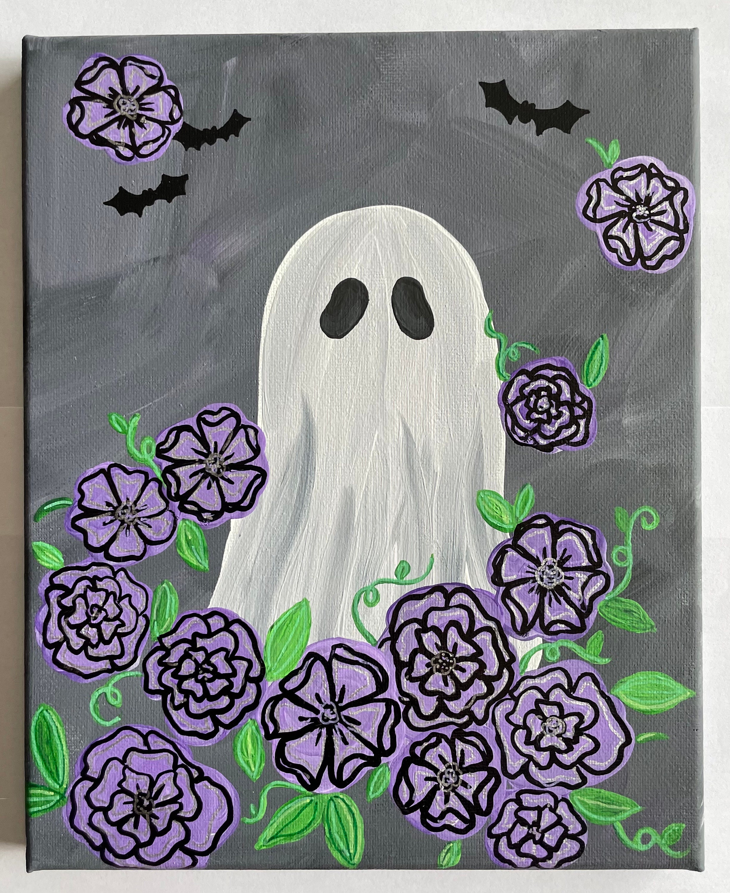 Painted Halloween Ghost & Floral 8x10 Canvas | Halloween Decor | Fall ...
