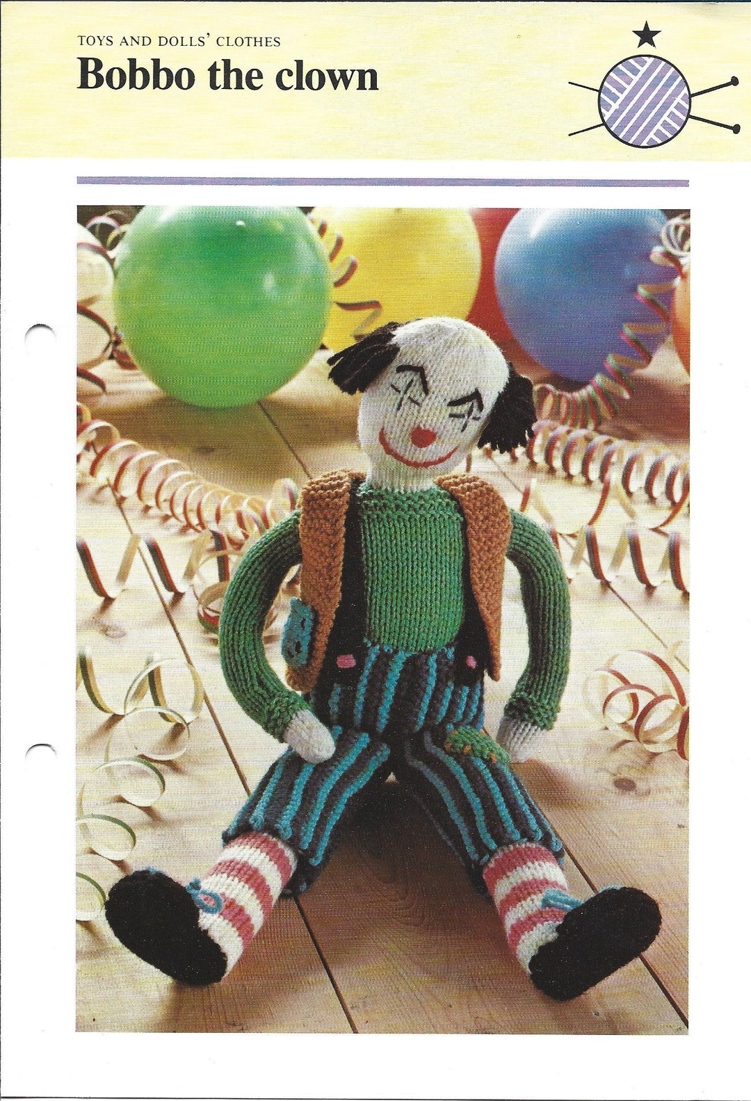 001 Vintage Knitting Pattern PDF Bobbo the Clown Retro Toys Digital ...