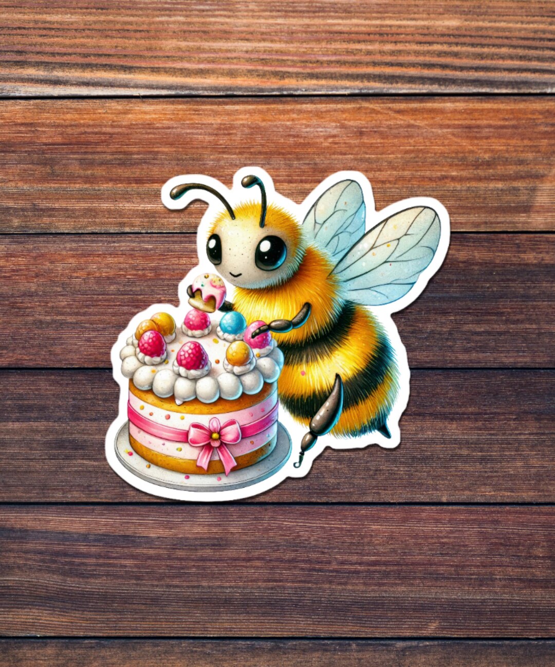 Cute Bee Eating Cake Sticker, Bee Decal, Laptop Decal, Water Bottle ...