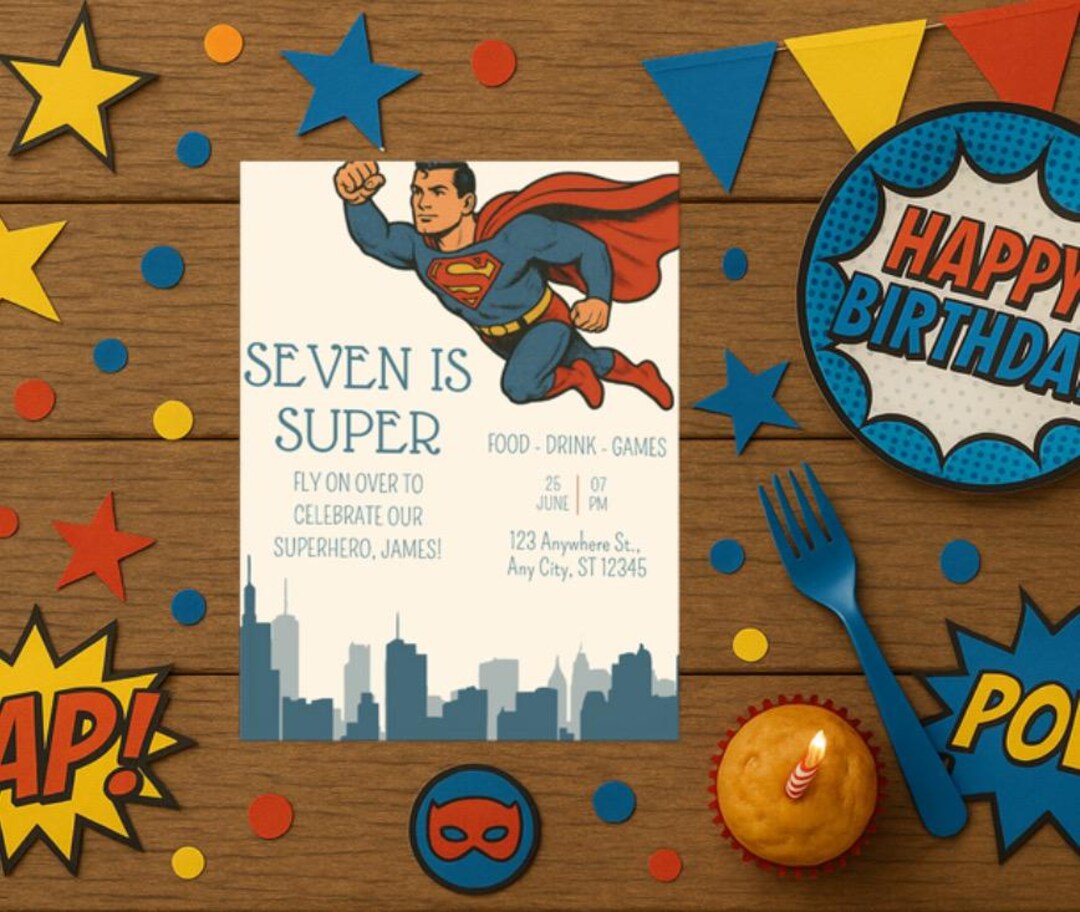 Superhero 7th Birthday Invitation | Editable Superman Party Invite ...