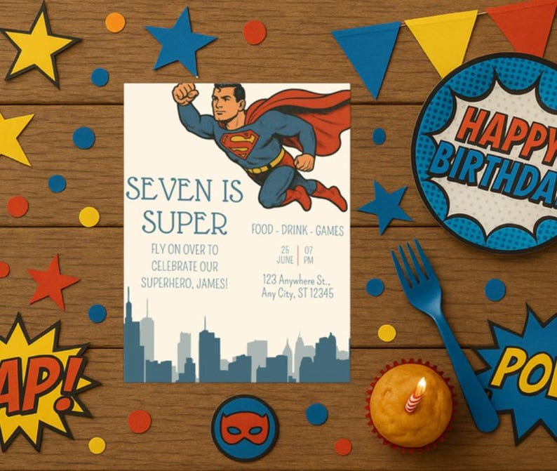 Superhero 7th Birthday Invitation | Editable Superman Party Invite ...