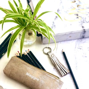 Personalised Matt Metallic Silver Beige | Black | Leather Pencil Case ...