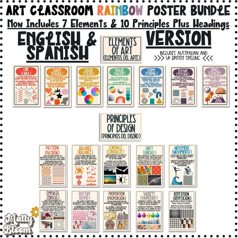 Spanish Bilingual Classroom Poster Bundle, Rainbow Elements of Art ...