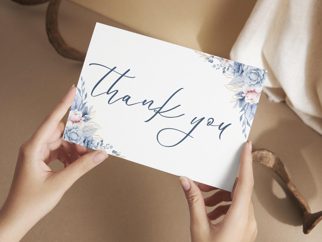 Floral Wedding Thank You Card Template: Pink & Blue (digital Download ...