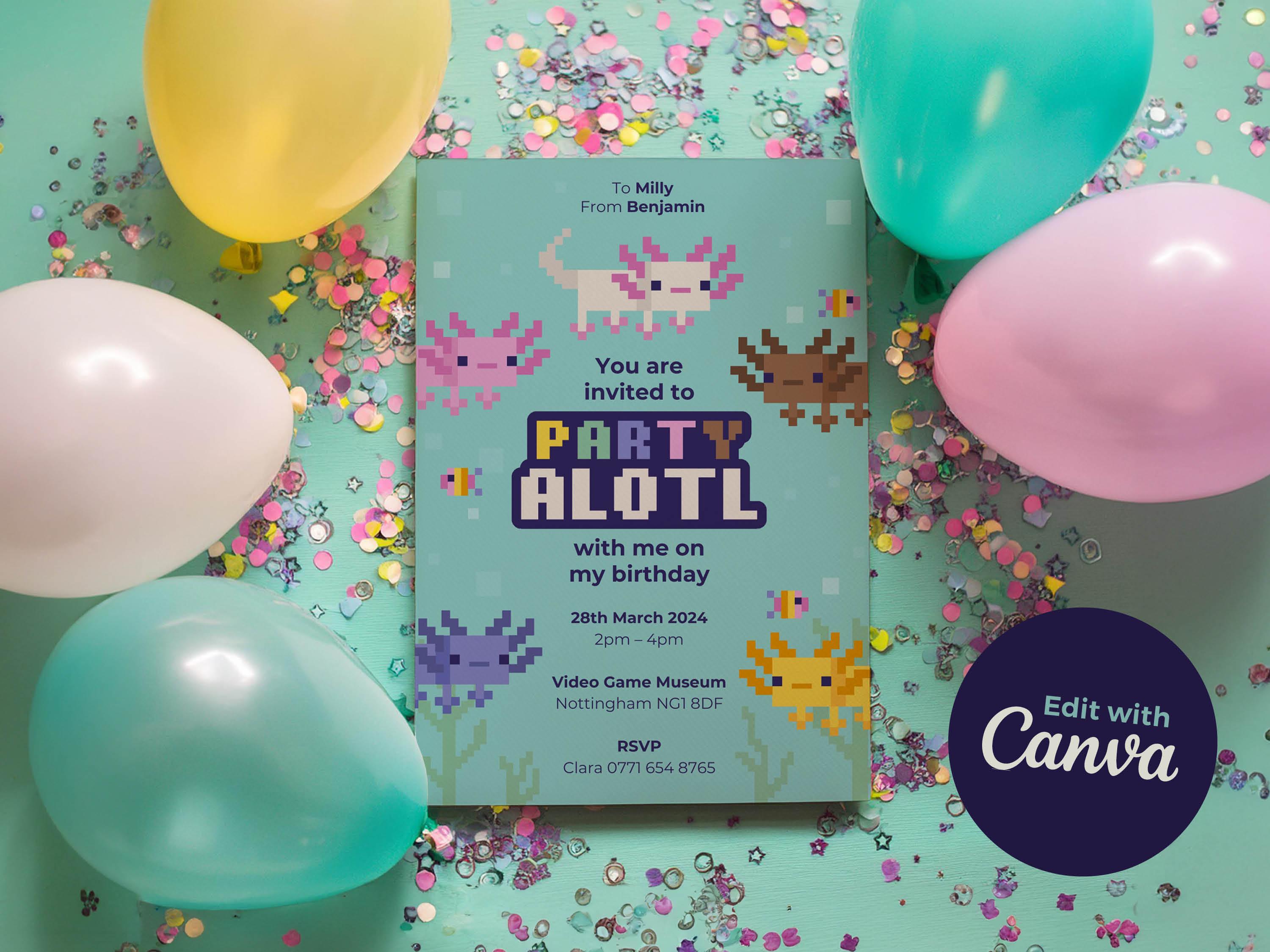 Axolotl Theme Birthday Party Invitation Pixel Mine Blox Gamer Party ...