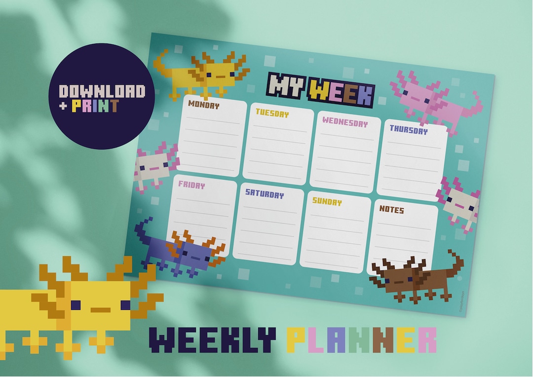 Axolotl Minecraft Daily Weekly Planner for Kids | Instant Digital ...