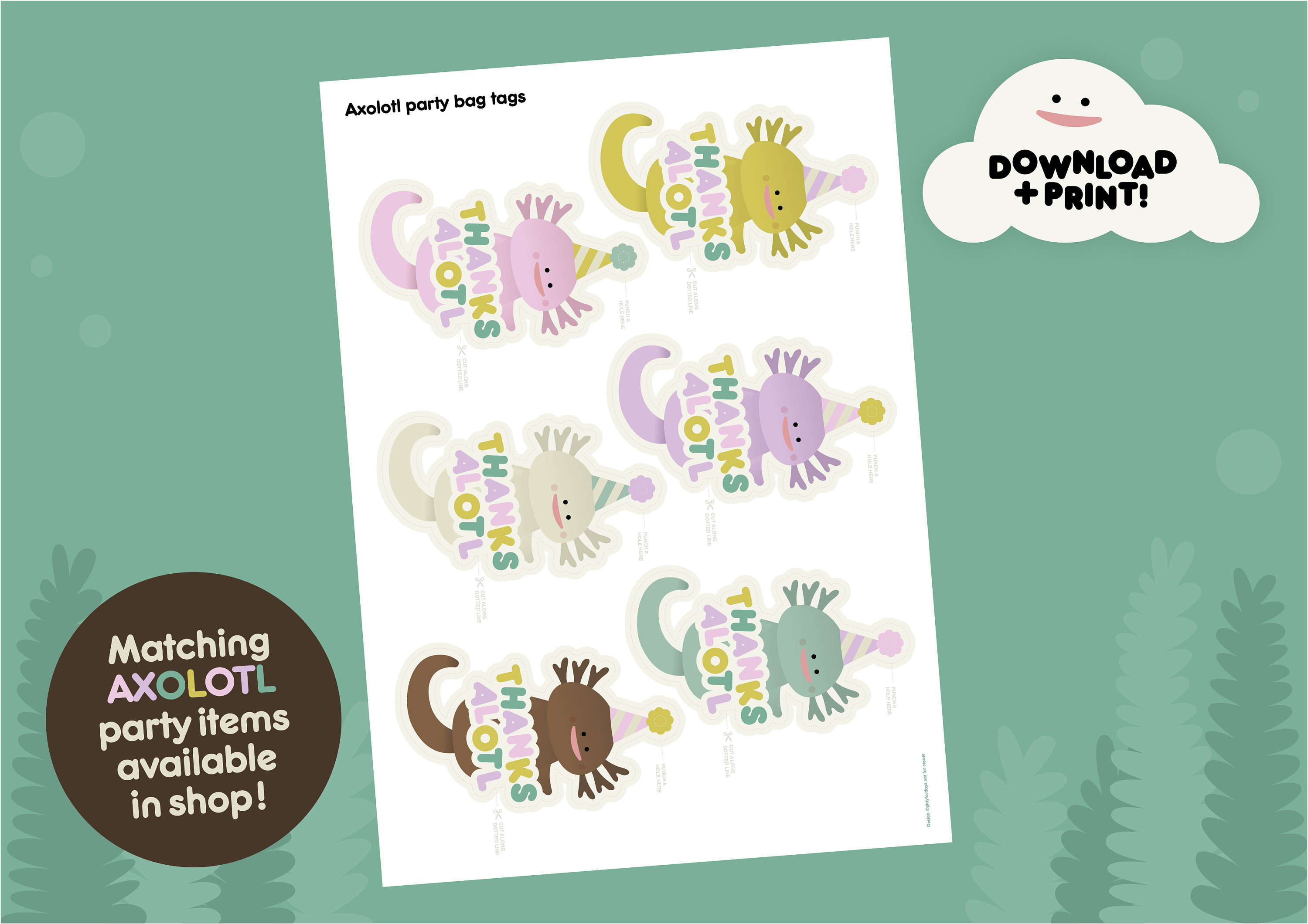 Axolotl Theme Cute Friends Party Range Party Bag Tags Kids Children's ...