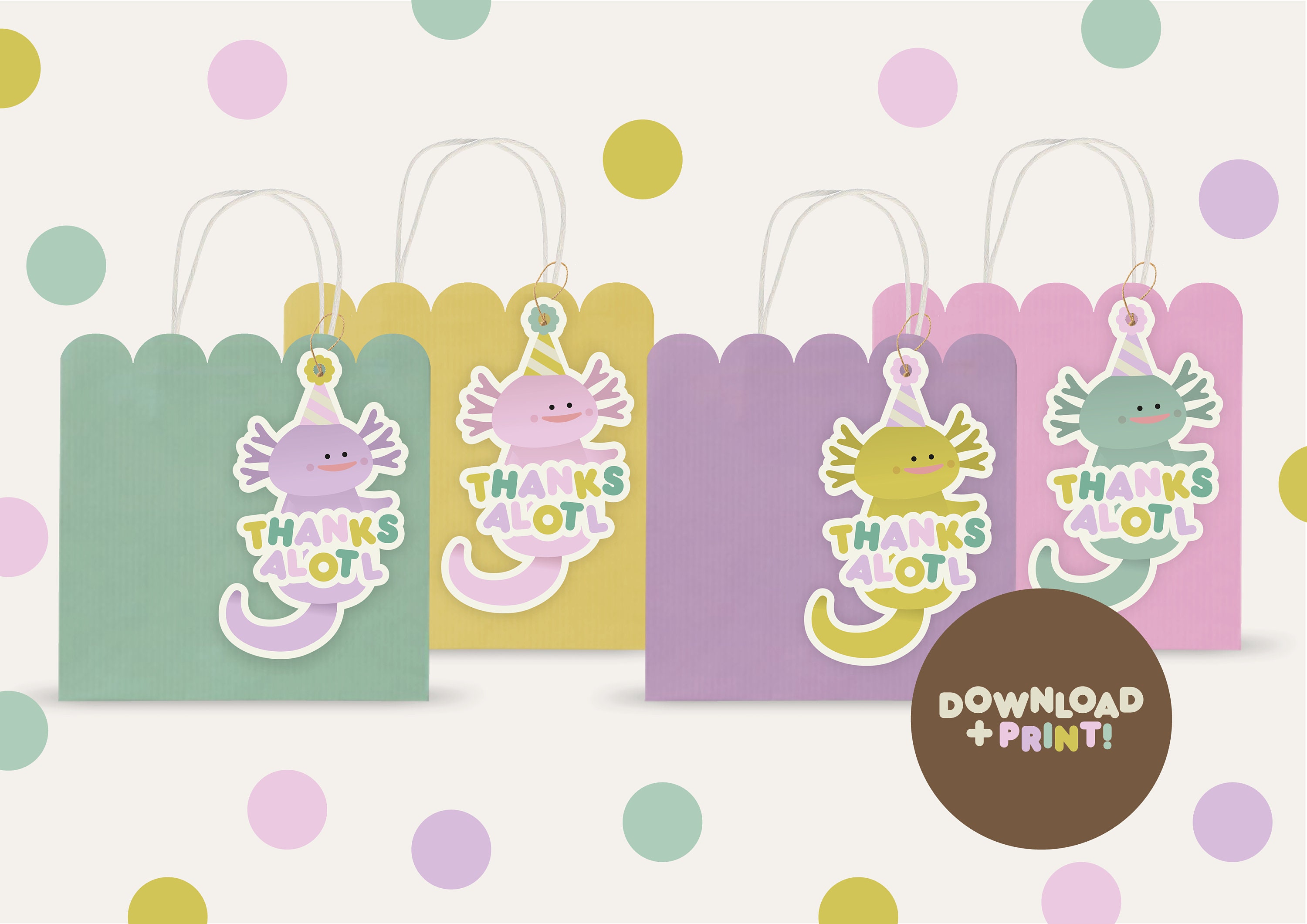 Axolotl Theme Cute Friends Party Range Party Bag Tags Kids Children's ...