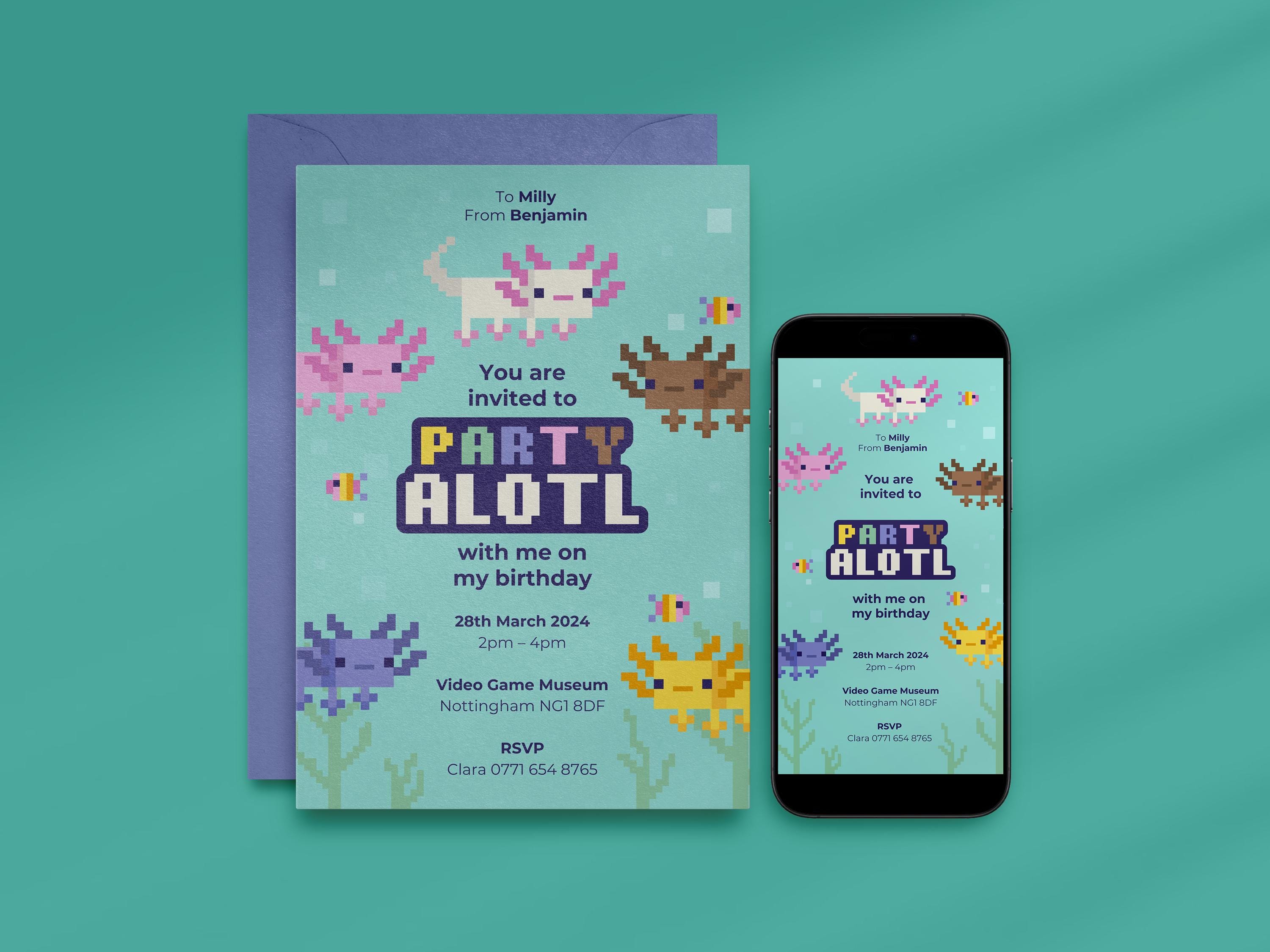 Axolotl Theme Birthday Party Invitation Pixel Mine Blox Gamer Party ...