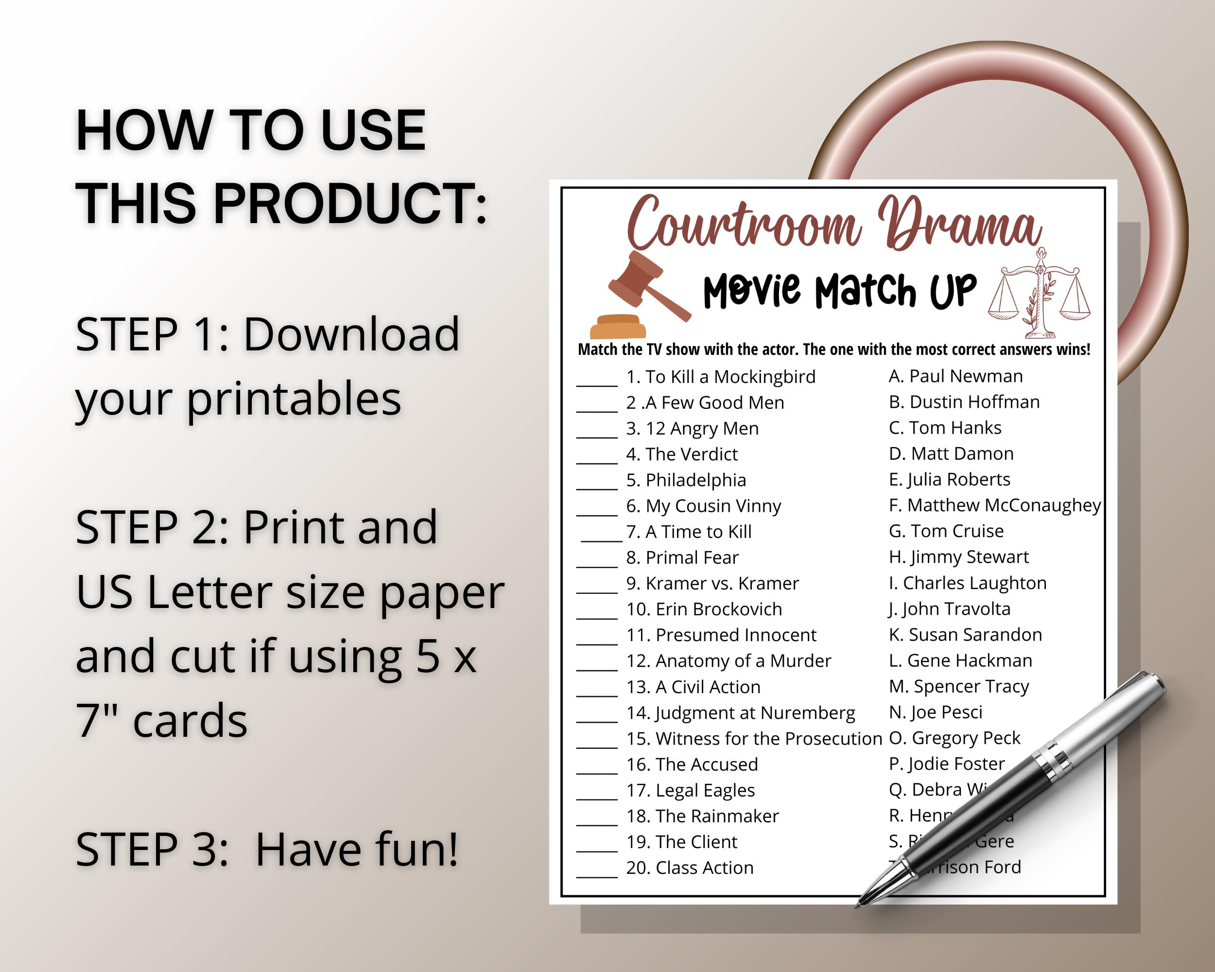 Courtroom Drama Trivia Game, Printable Legal Movie Drama Game, Law ...