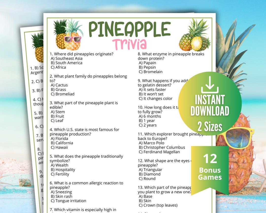 Pineaplle Trivia Game, Printable Hawaiian Luau Game for Kids & Adults ...