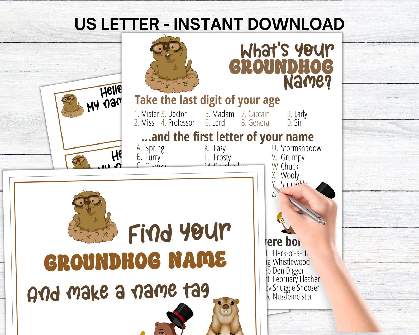 What's Your Groundhog Name Game WITH NAMETAGS + Sign,game, Groundhog ...