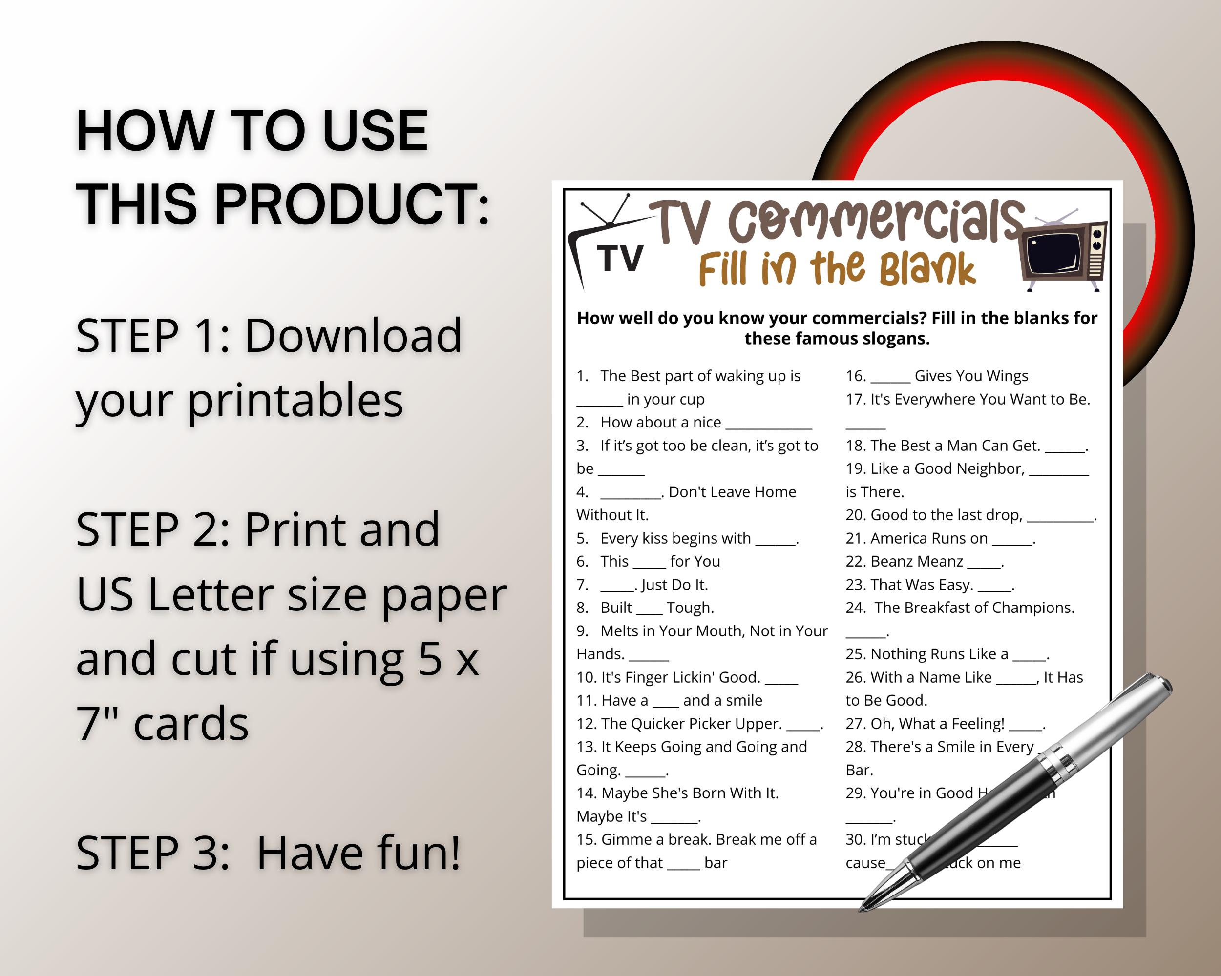 TV Commercial Trivia Game, Ad Slogan Fill in the Blank Quiz, Printable ...