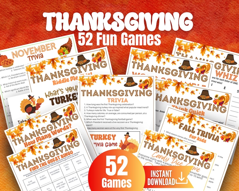 Thanksgiving Game Bundle, Fall Trivia Games, 52 Fun Printable Games for ...