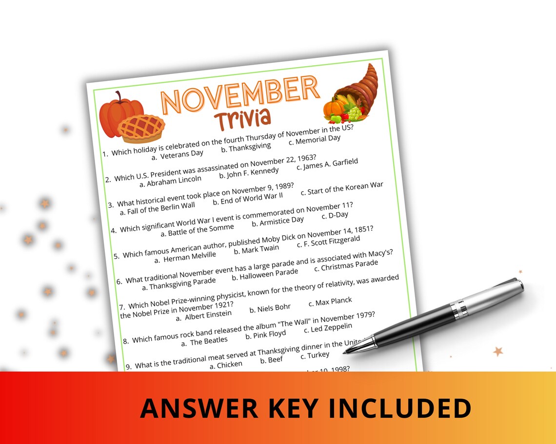 November Trivia Game, Fall Season Game, Autumn Party Game, Monthly Fall ...
