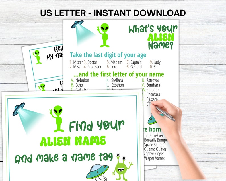 What's Your Alien Name Game With NAMETAGS SIGN, Alien Extraterrestrial ...