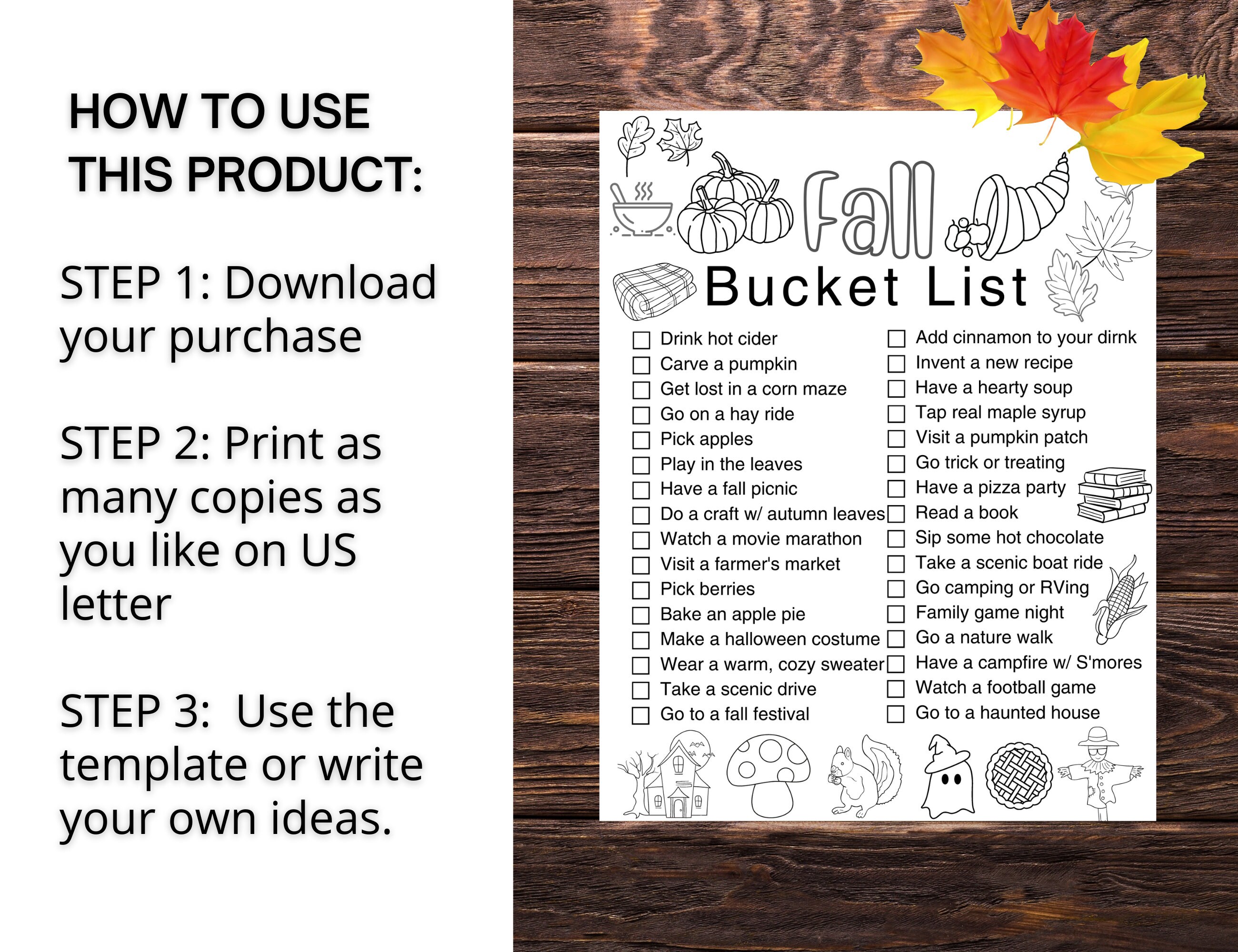 Fall Bucket List Printable - Editable PDF, Fun Autumn Activities, Rainy ...