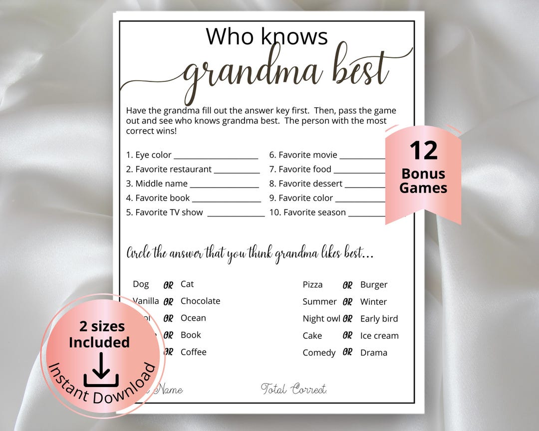 Who Knows Grandma Best Game, Printable Mother's Day Game, Grandparents ...