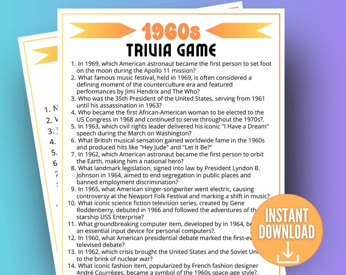 1960s Decade Trivia Game, Trivia Questions, 60s Trivia Quiz, 1960s ...