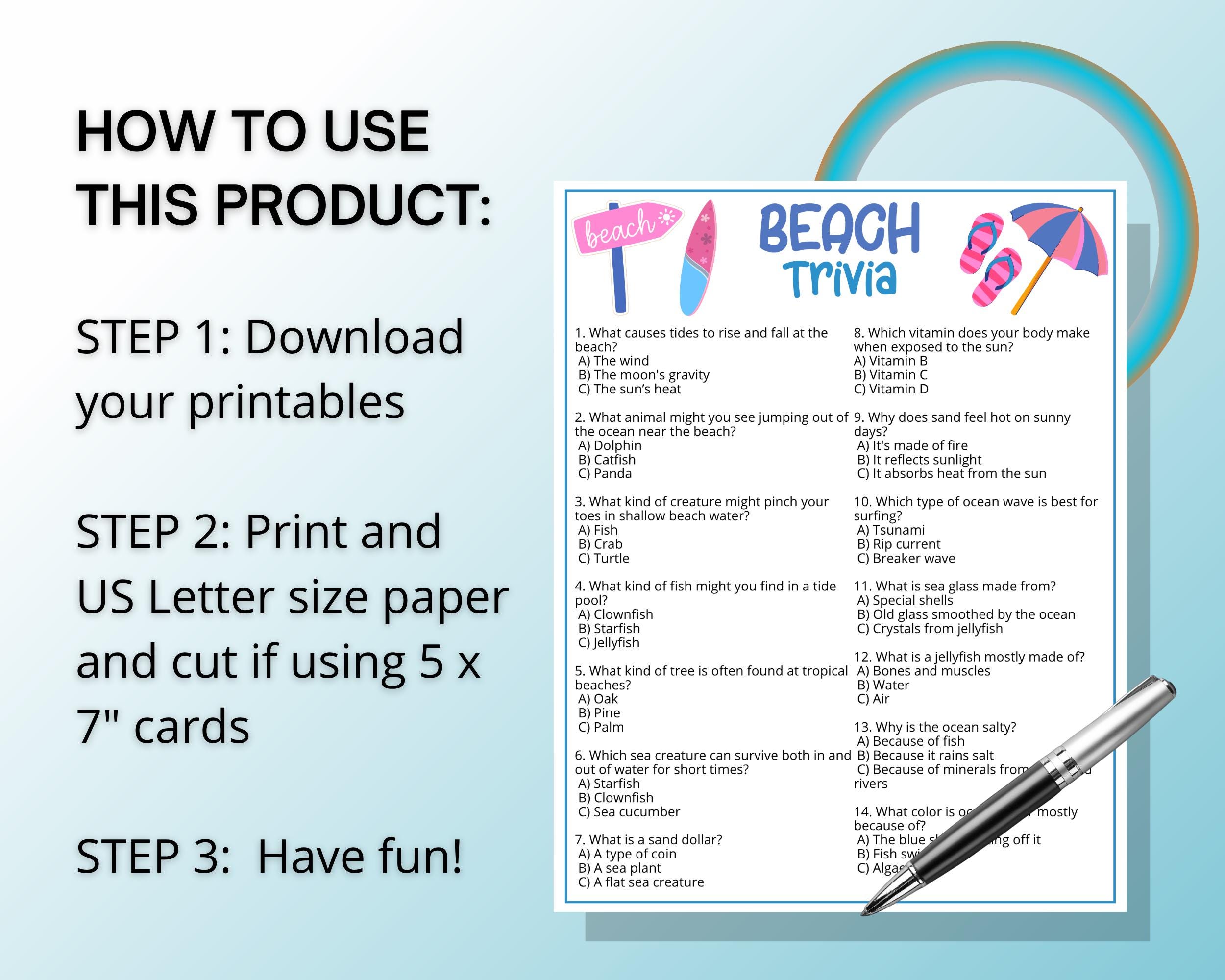Beach Trivia Game,printable Ocean Game for Kids & Adults,sea Beach ...