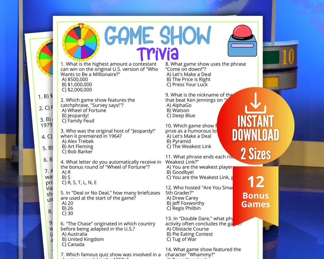 Game Show Trivia Game, TV Quiz Shows, Printable Game Show Quiz Game for ...