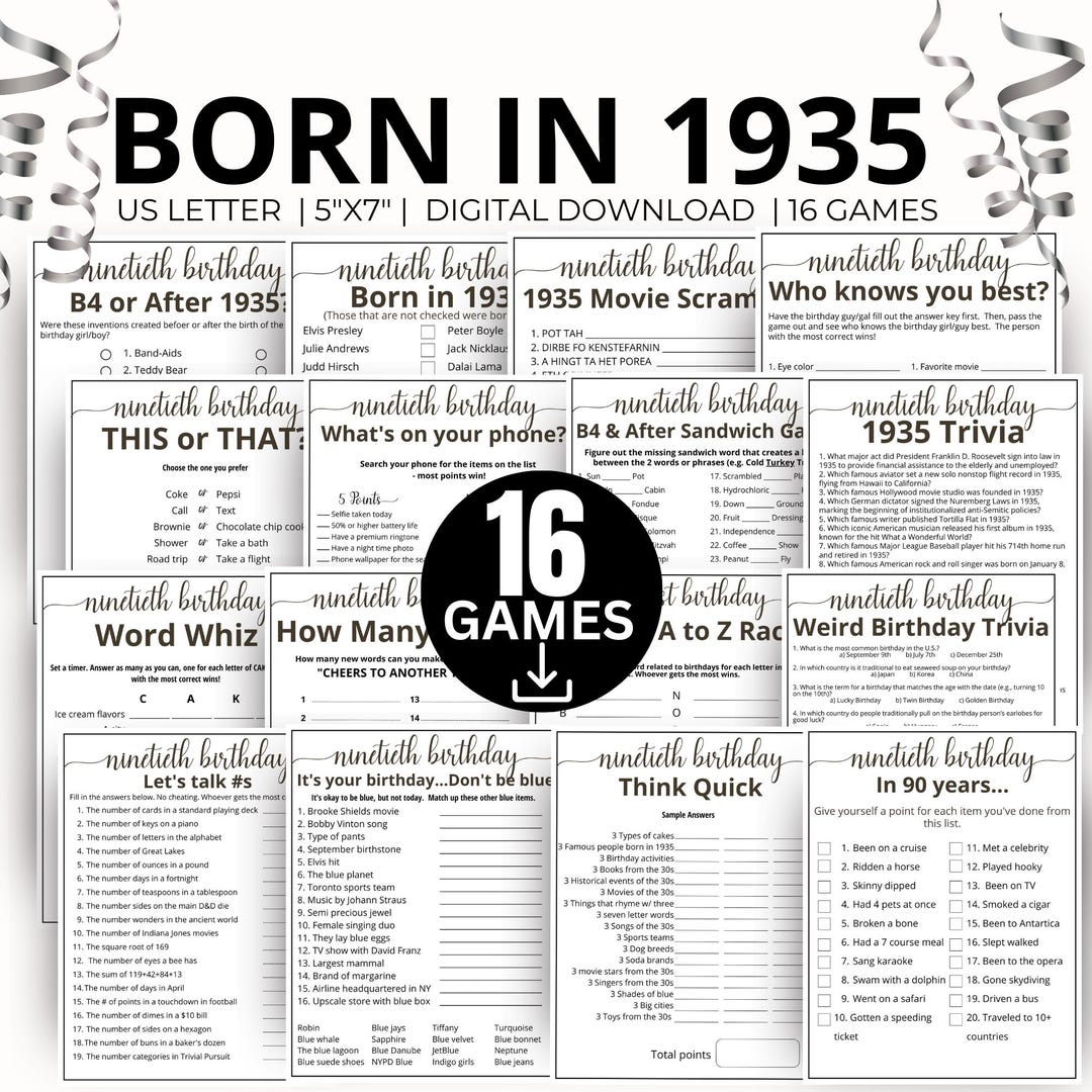 90th Birthday Party Games, Born in 1935 Game, 1935 Birthday Games, 90th ...