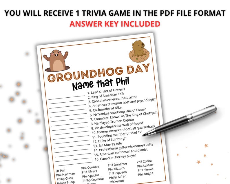 Groundhog Day Name That Phil Game, Groundhog Day Trivia Match Up ...