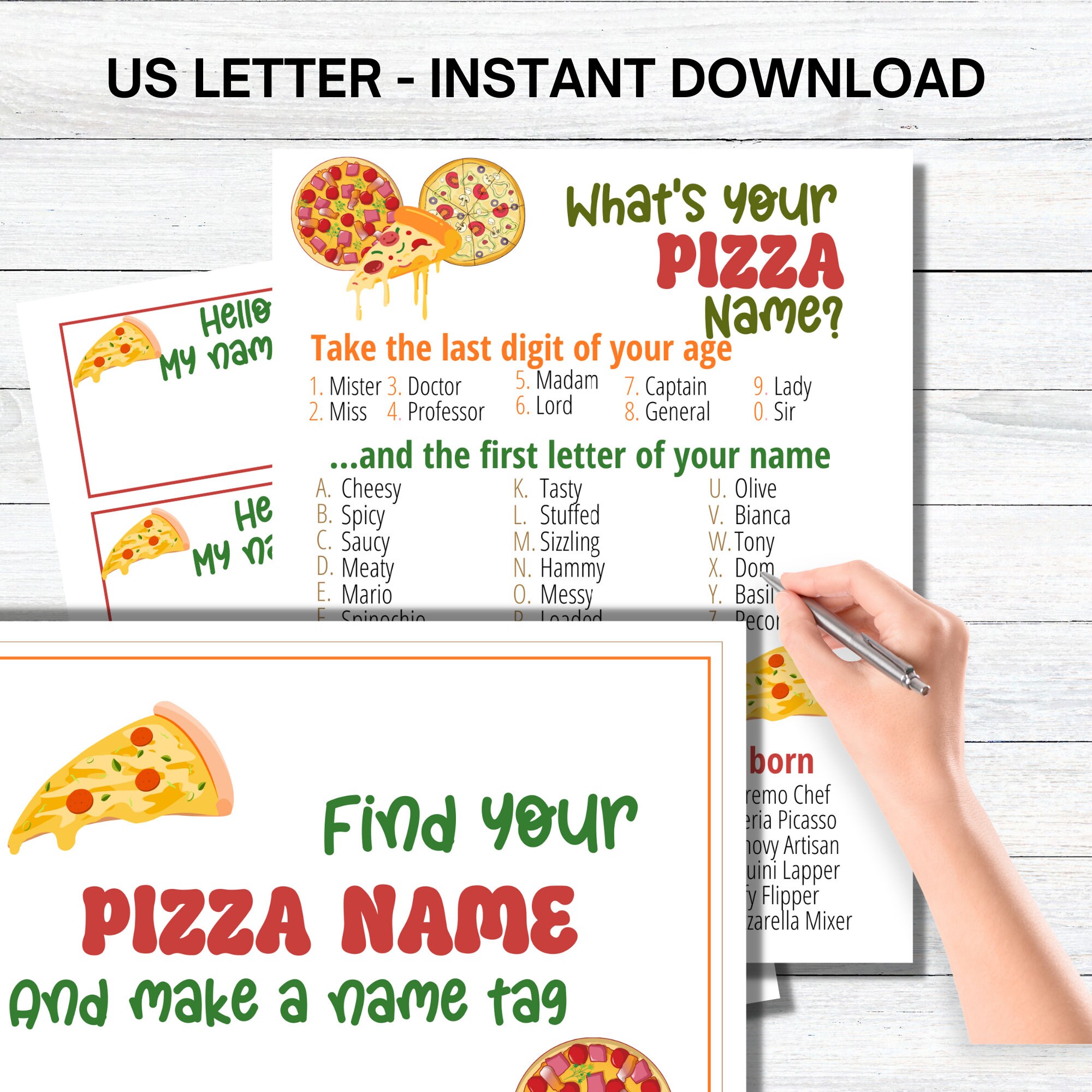 What's Your Pizza Name Game WITH NAMETAGS + SIGN, Pizza Party Game ...