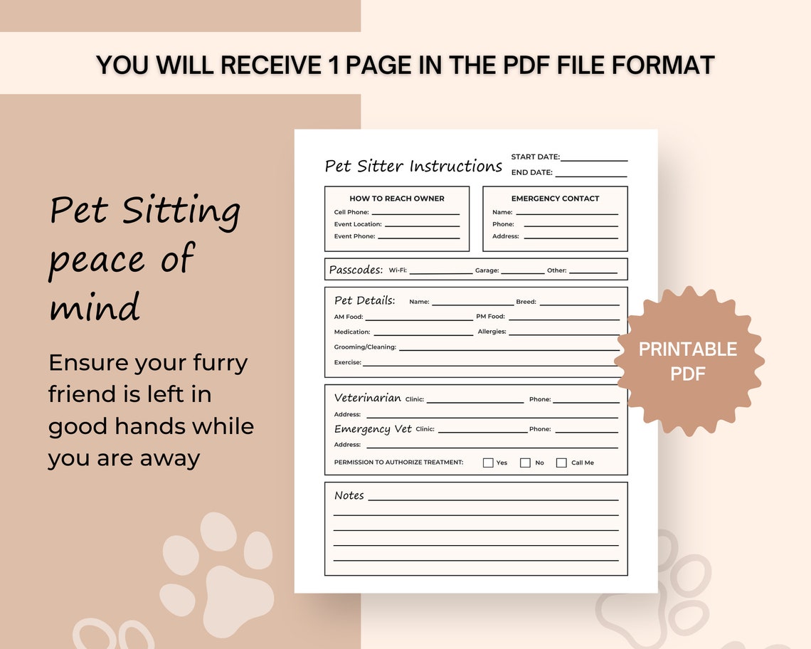 Pet Sitter Instructions Pet Sitter Templates Pet Sitter - Etsy