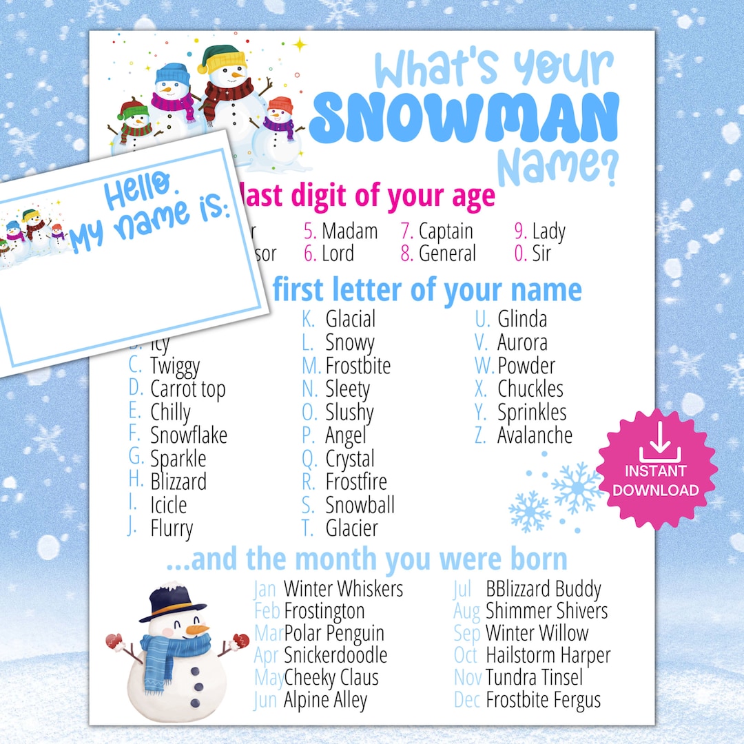 What's Your Snowman Name Game WITH NAMETAGS SIGN, Winter Christmas ...