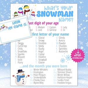 What's Your Snowman Name Game WITH NAMETAGS SIGN, Winter Christmas ...
