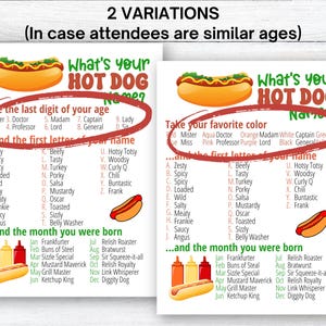 What's Your Hot Dog Name Game With NAMETAGS & SIGN, Hot Dog Party Game ...